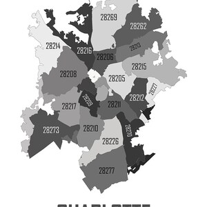 Charlotte Zip Code Map Print Zipcode North Carolina - Etsy Canada