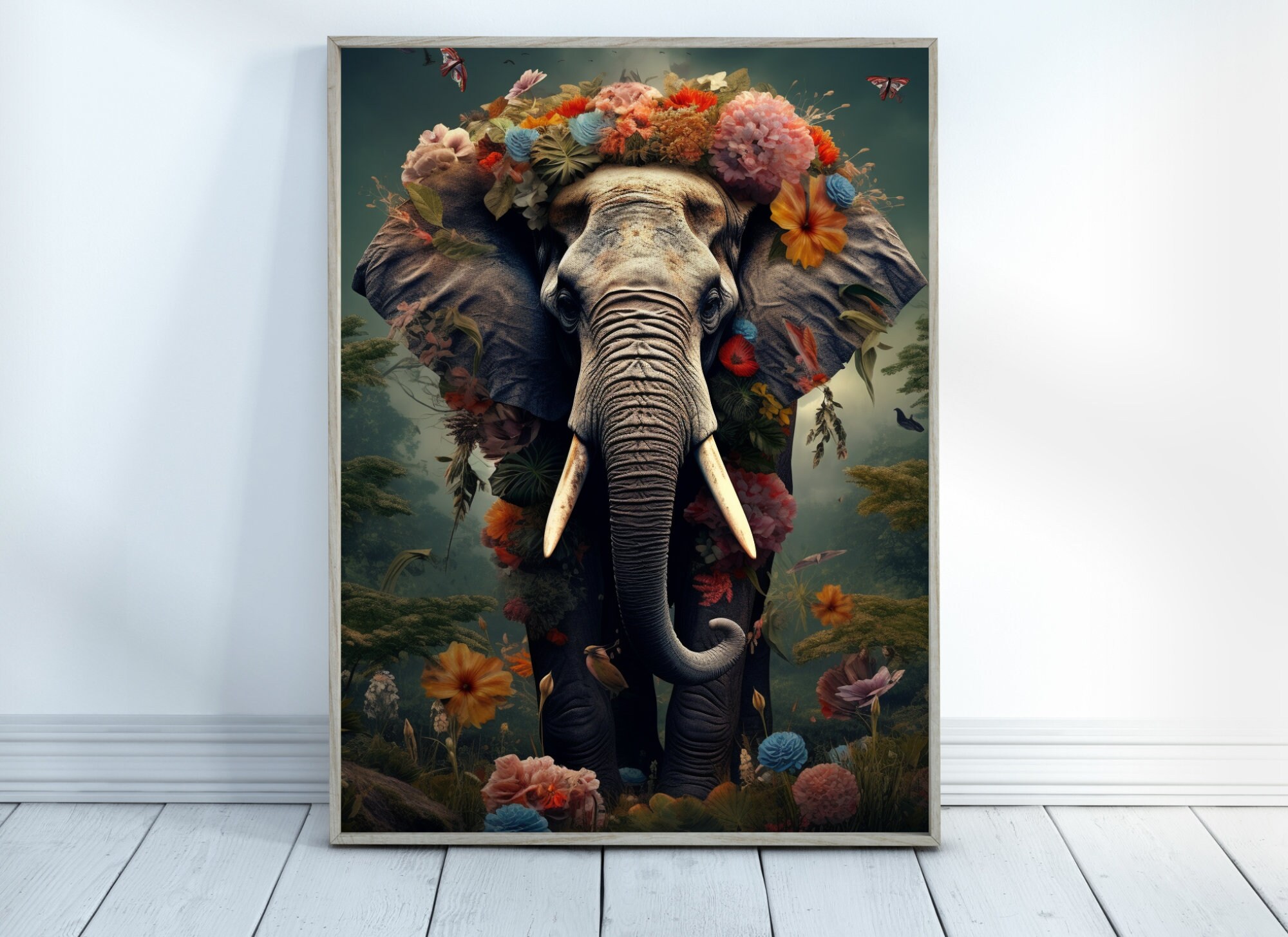 Elephant Poster Floral Elephant Printable Elephant Realistic Poster HD ...