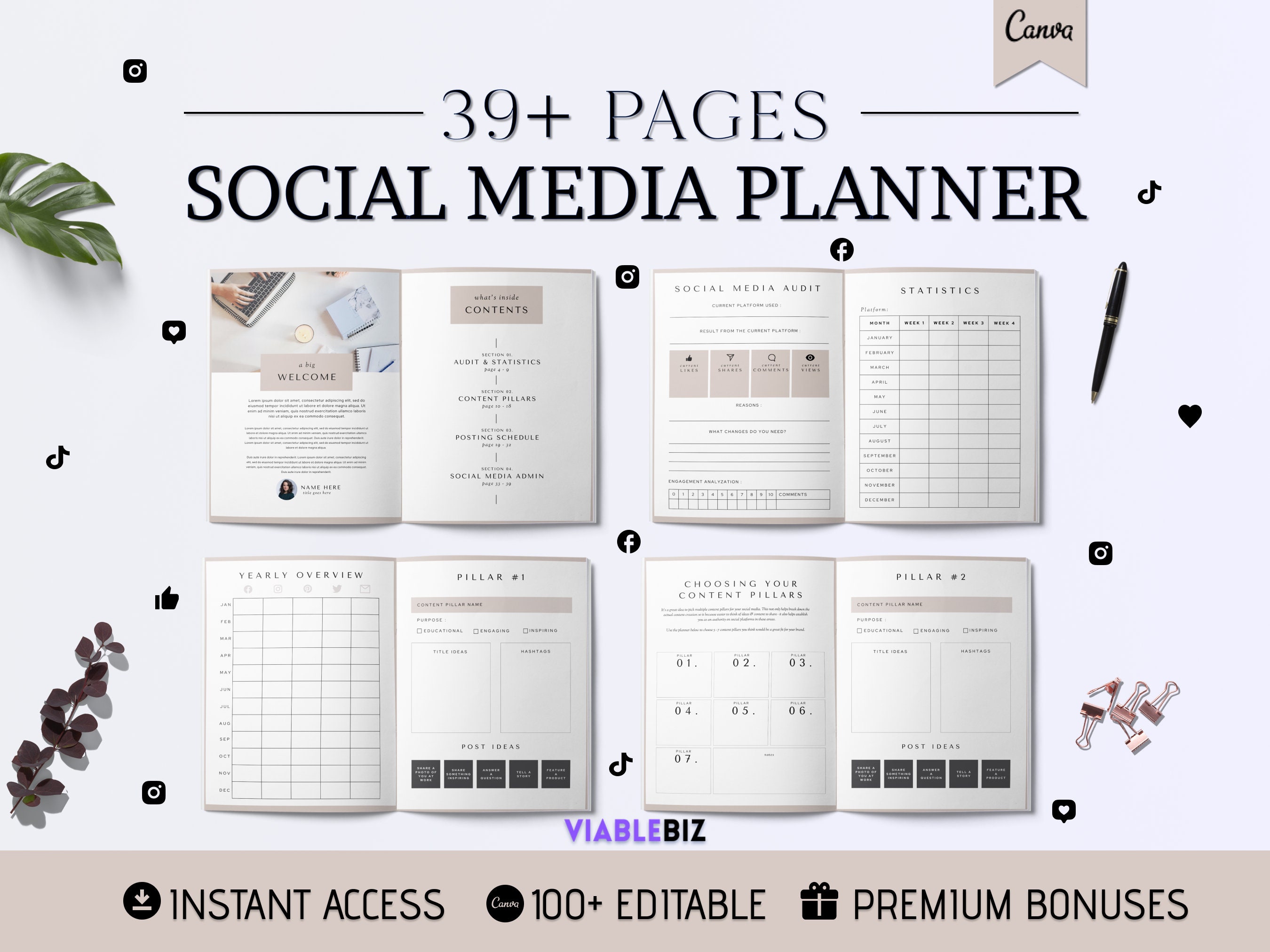 Social Media Planner, Content Planner, Printable Marketing Planner ...