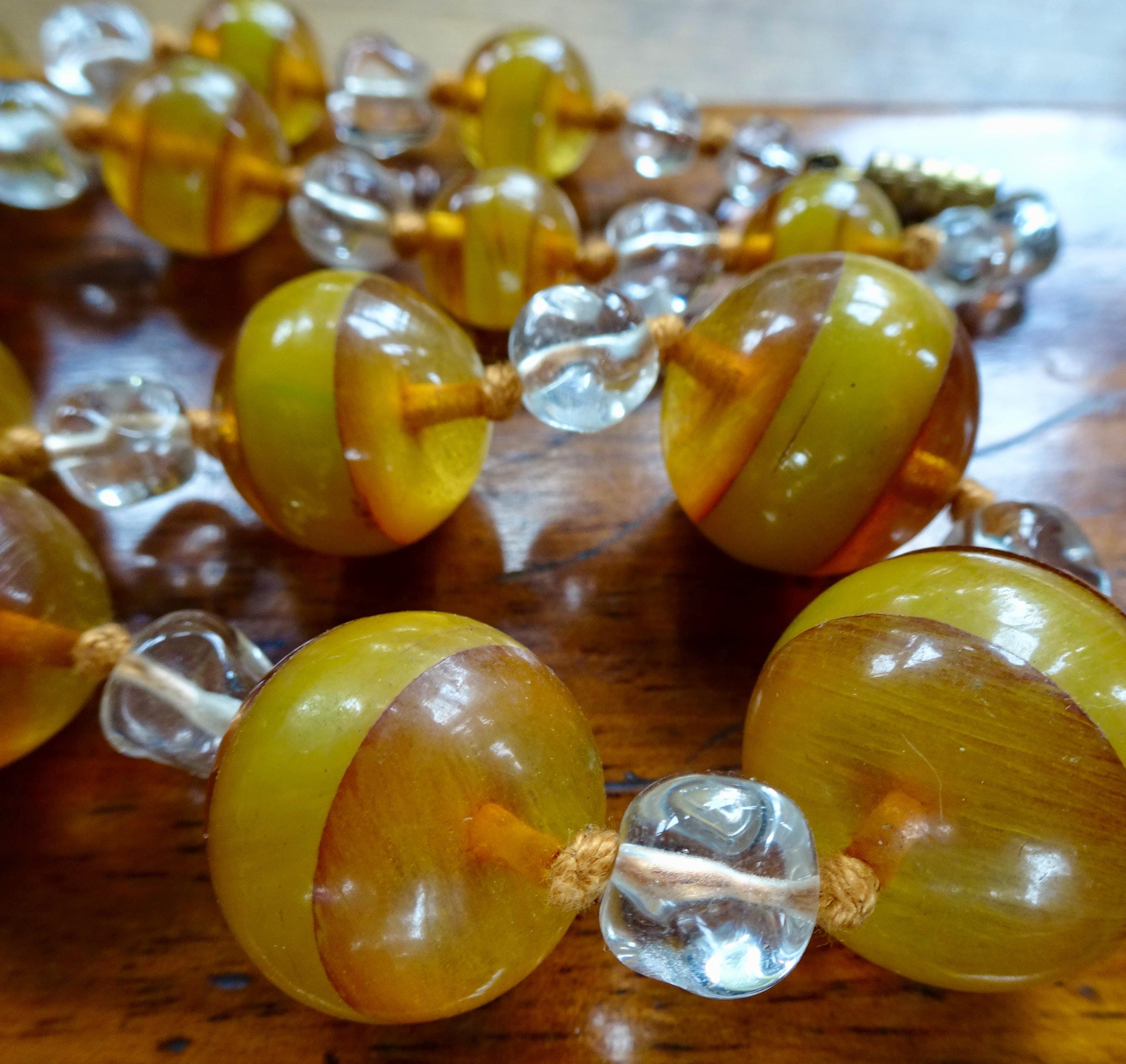 Antique Art Deco 1930s BAKELITE Banded Bead & Clear Glass Necklace X282 ...