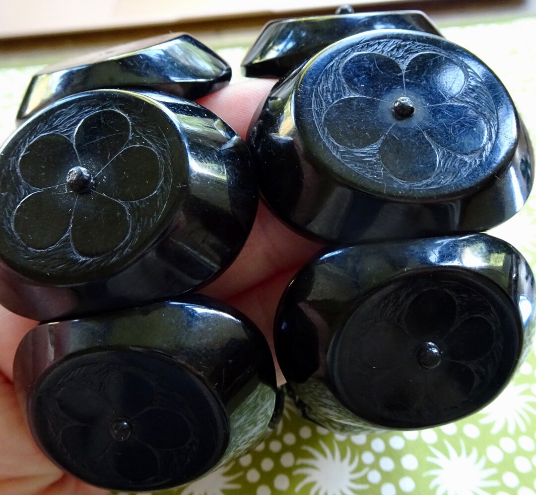 PAIR Antique Victorian Whitby Jet Carved Daisy Flower Bead Cuff ...