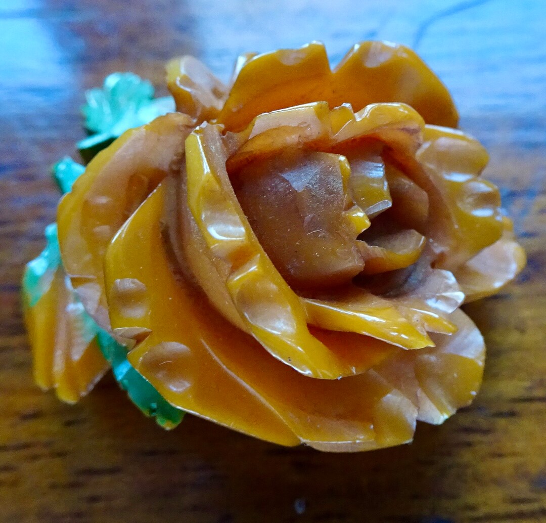 Antique Art Deco BAKELITE Green Amber Carved Rose Flower Brooch C Pin ...