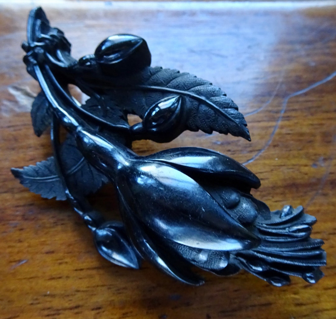 Antique Victorian Jet Black Vulcanite Carved Fuchsia Flower Floral ...