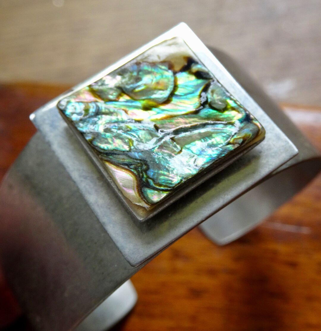 Vintage Modernist Abalone Shell Stainless Steel Cuff Bangle Bracelet C ...