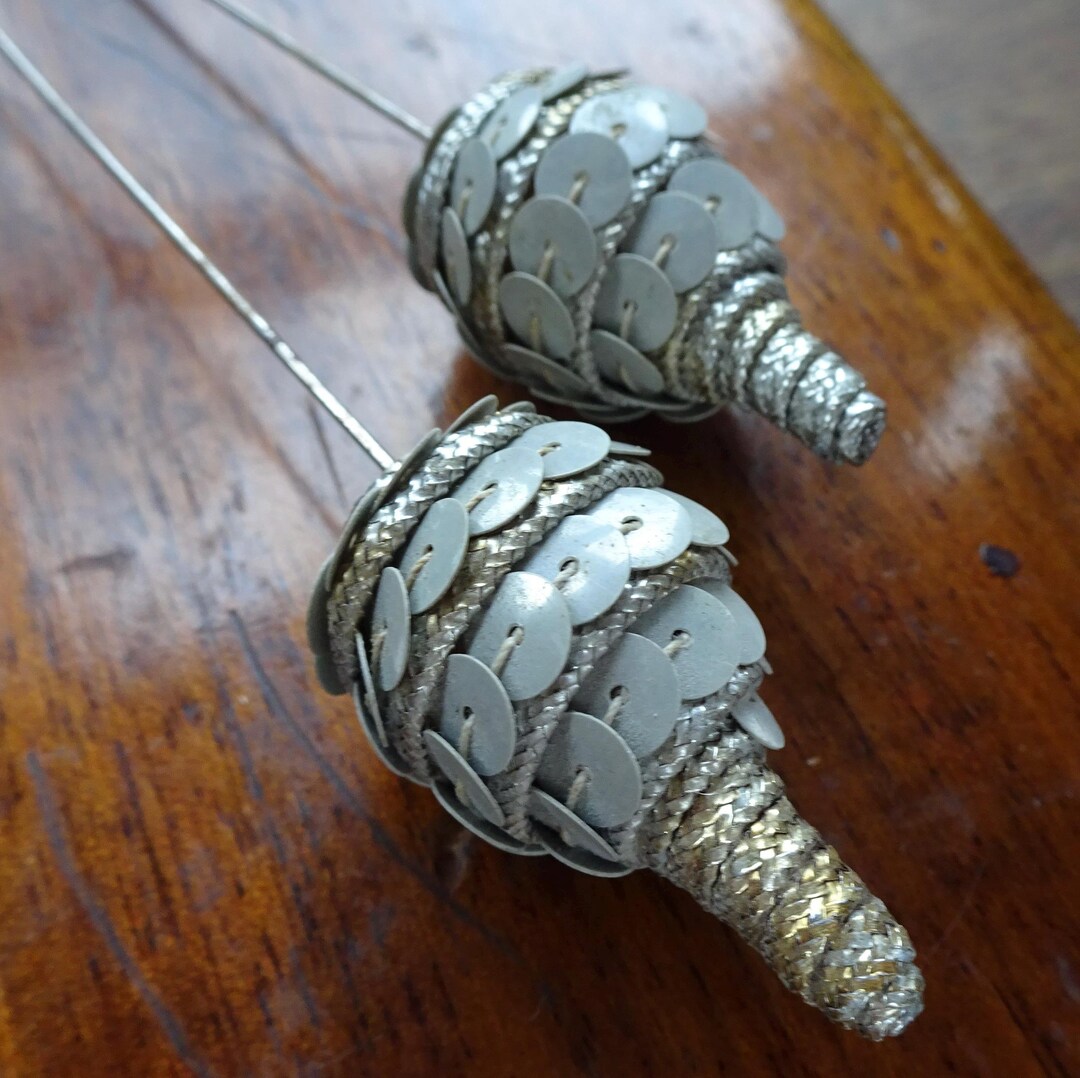 PAIR Vintage 1950s Silver Braid White Sequin Bead Top Hat Pin Set -372 ...