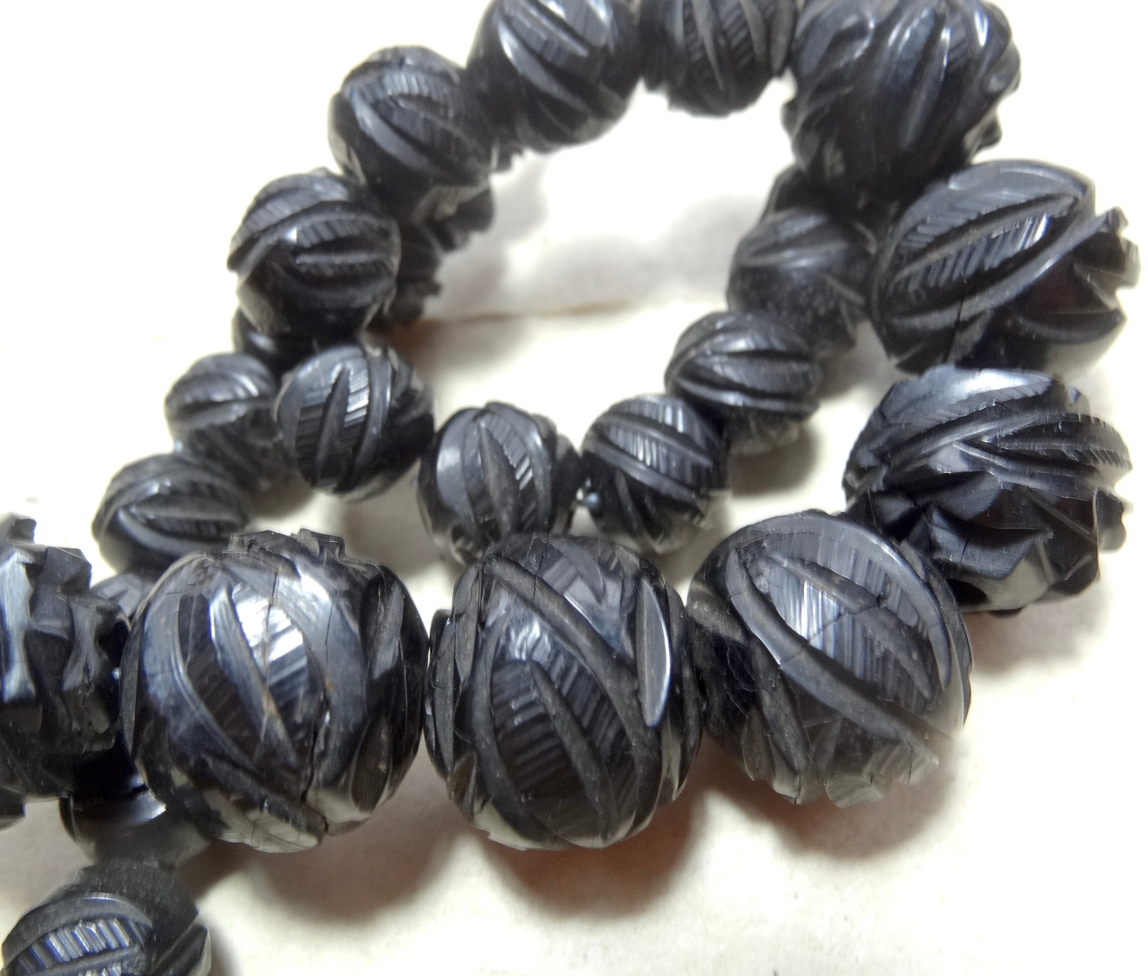 Antique Victorian C. 1880 Fancy Carved Whitby Jet Rose Flower Bead ...