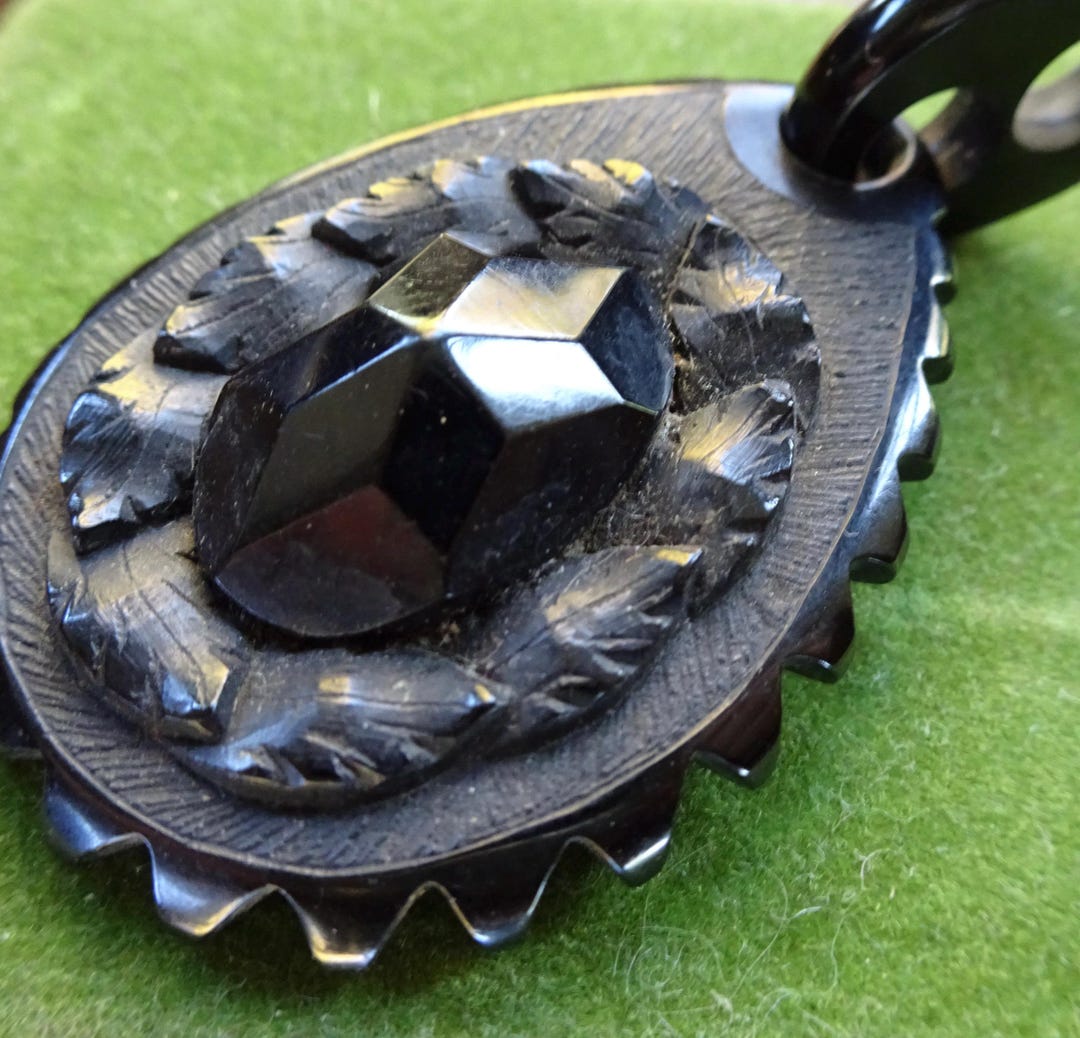 Antique Victorian Carved Whitby Jet Black Leaf Flower Pendant for ...
