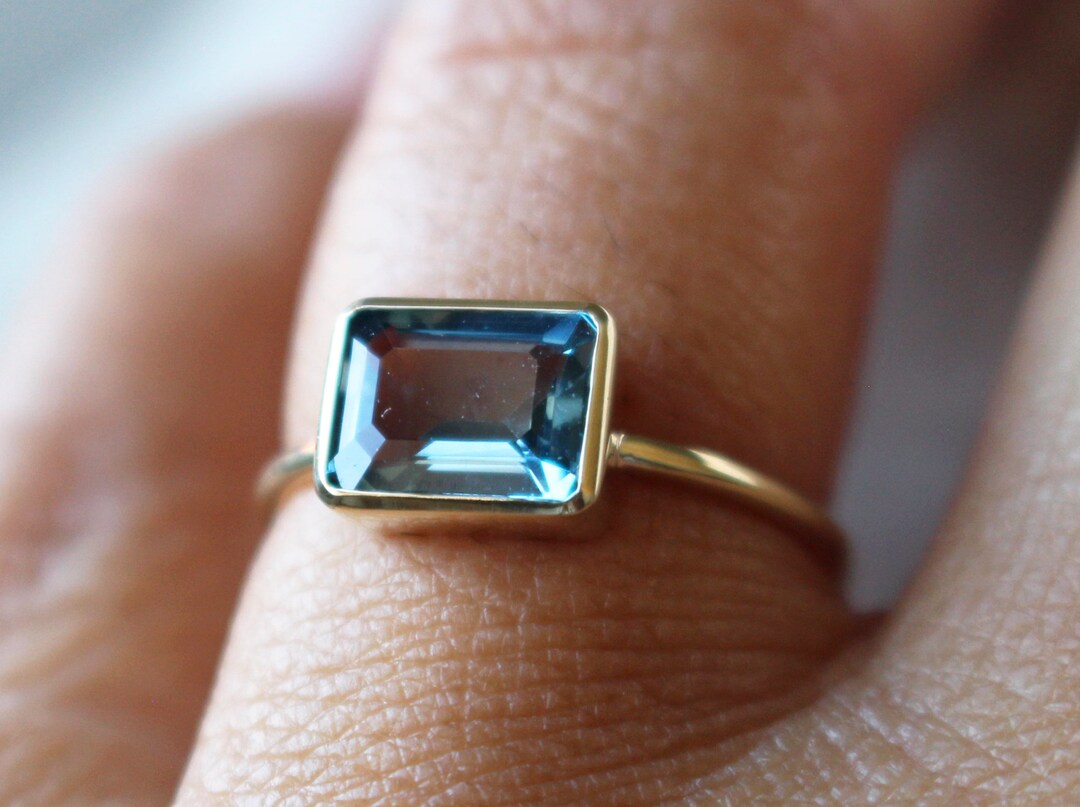 Solid Gold London Blue Topaz Statement Ring, Emerald Cut Solitaire Blue ...