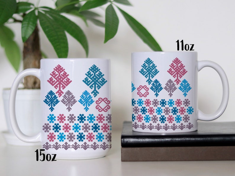Iu Mien Embroidery Design | Blue and Coral Pink | 11 Oz 15oz Coffee Mug ...