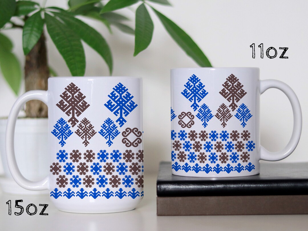 Iu Mien Embroidery Design Coffee Mug | Royal Blue and Brown | 11oz 15oz ...