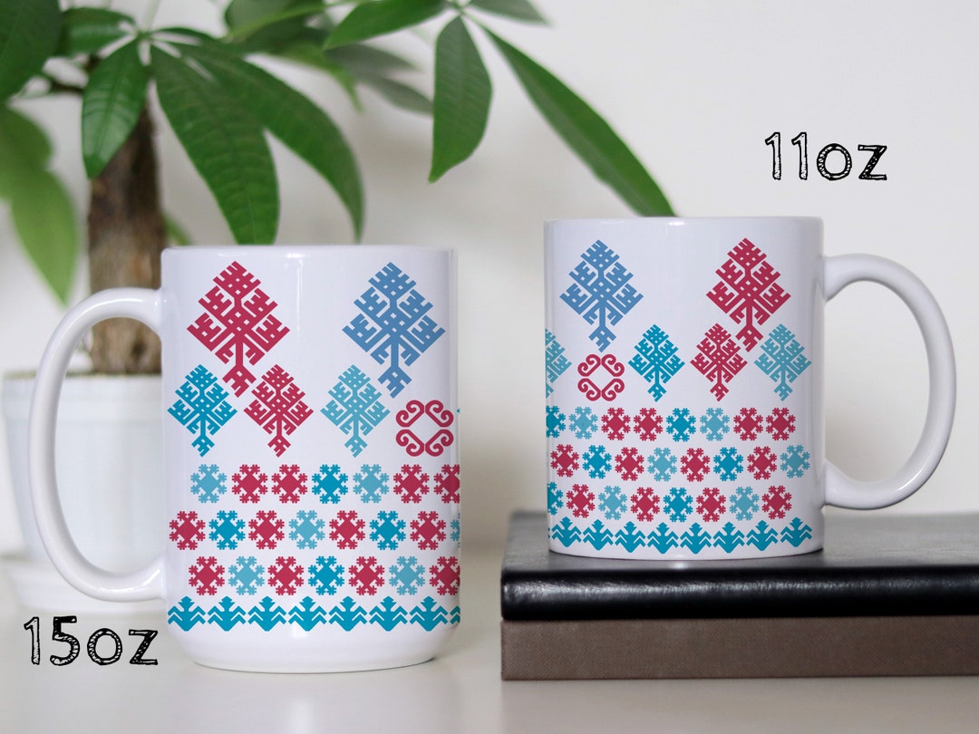 Iu Mien Embroidery Design | Blues and Red | 11oz 15oz Coffee Mug | Tea ...