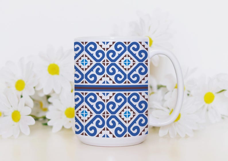 Iu Mien Embroidery Design Coffee Mug | 11oz 15oz | Blues and Brown | - Etsy