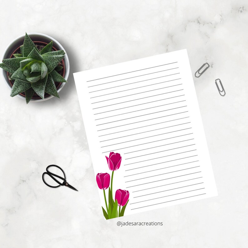 Pink Tulip Flower Stationery, Digital Download Paper, Floral Stationery ...