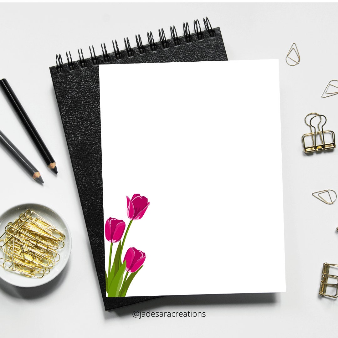 Pink Tulip Flower Stationery, Digital Download Paper, Floral Stationery ...