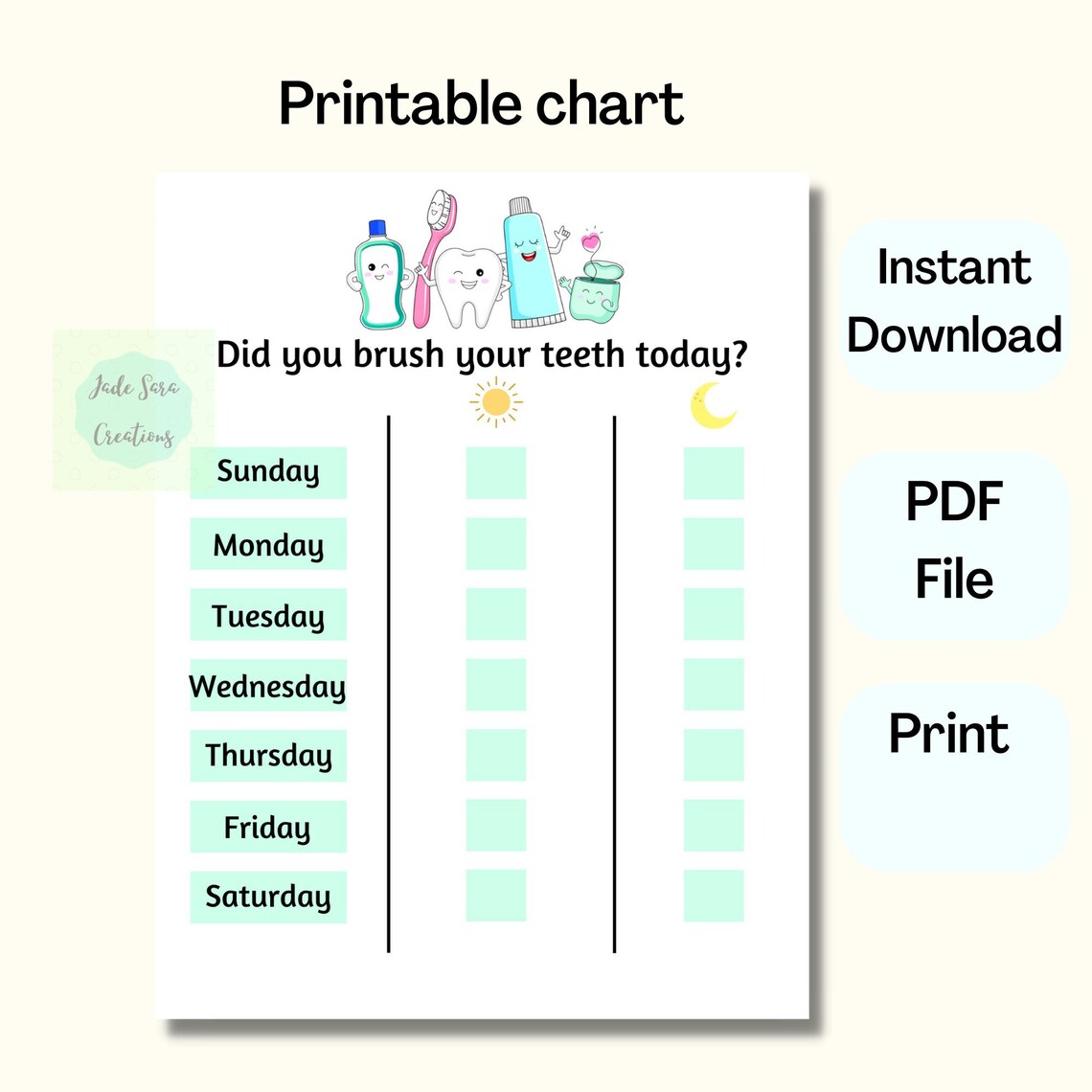 Toothbrushing Chart, Chore Chart, Checklist for Kids, Toothbrush, Brush ...