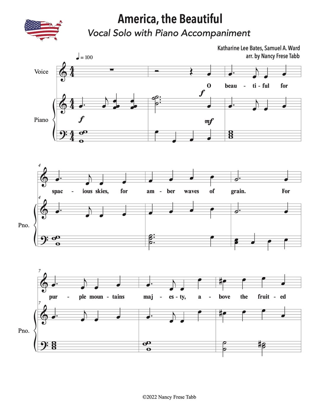America, the Beautiful - Vocal Solo With Piano Accompaniment - Etsy