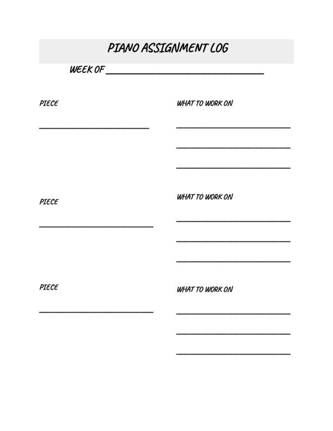 Piano Practice Log for the Intermediate Student - Etsy