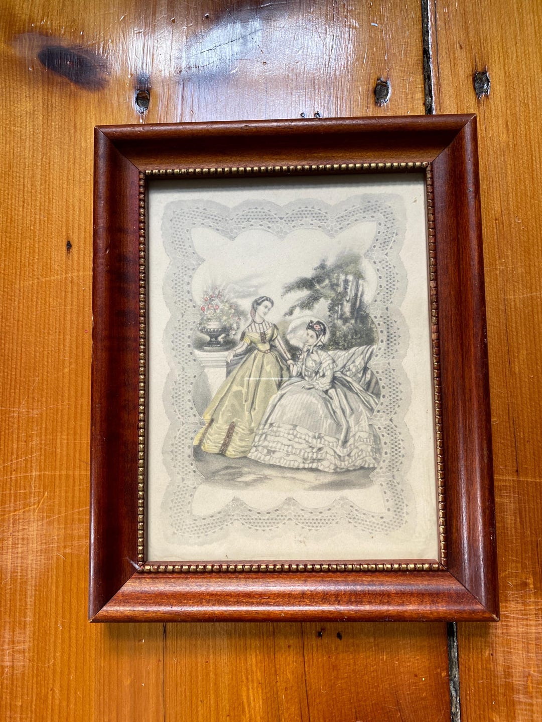 Antique Hand Colored Lithograph of Two Regency Ladies - Wood Framed ...