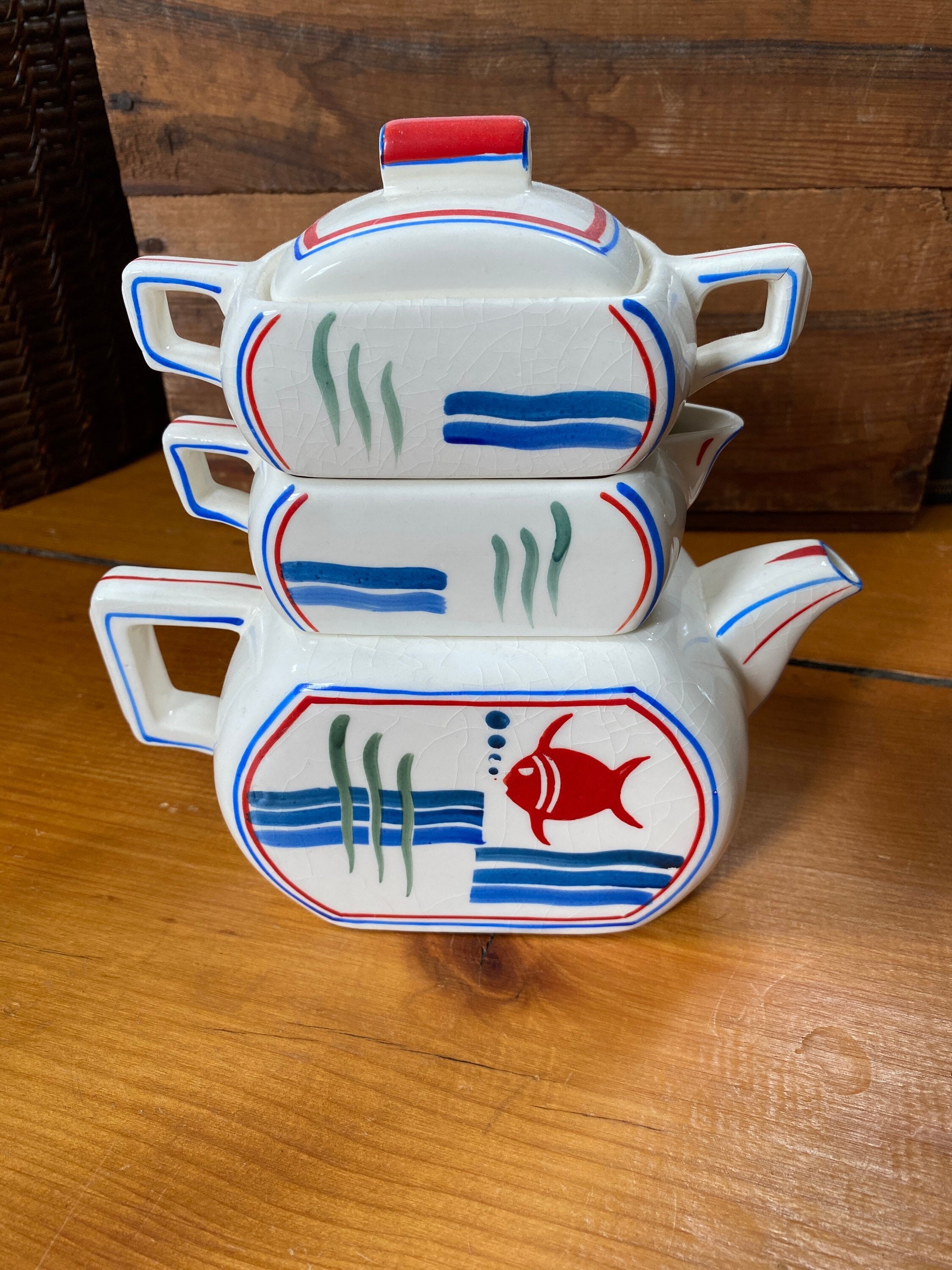 RARE Japanese Stackable Tea Set Art Deco Teapot Three Piece Set Fish ...