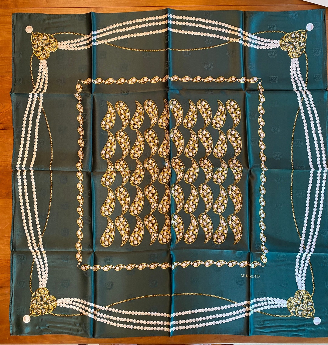 Vintage Mikimoto Classic Large Square Green Silk Scarf Pearl Motif ...