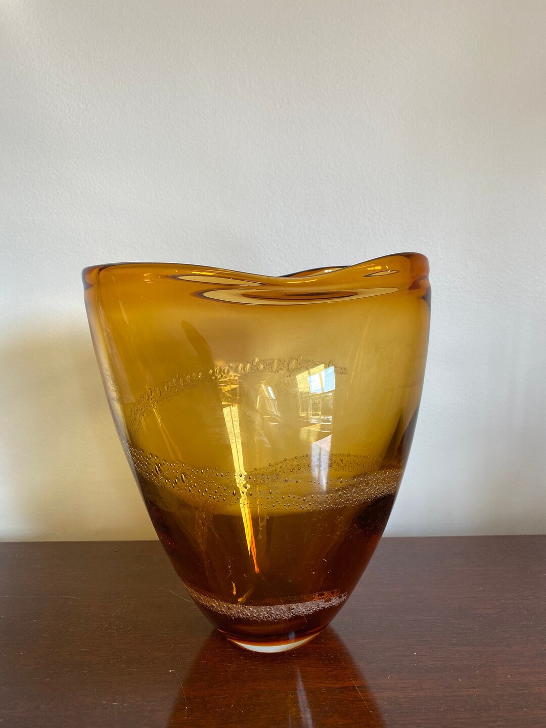 Vintage Large Amber Vase - Vase With Swirls of Bubbles - Midcentury Art ...