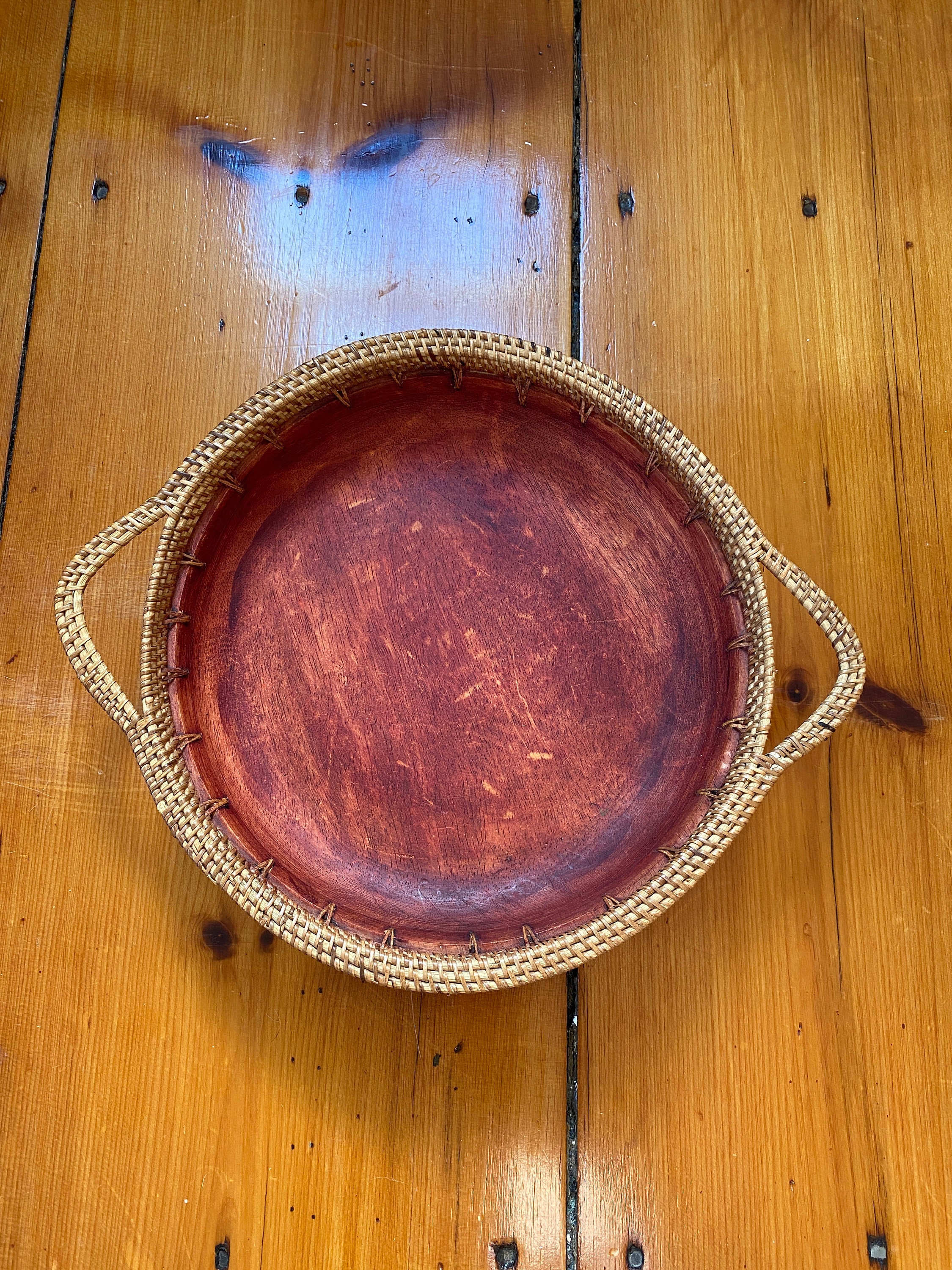 Vintage Wood and Rattan Handled Basket Tray 12 Round Wood Tray Vintage ...