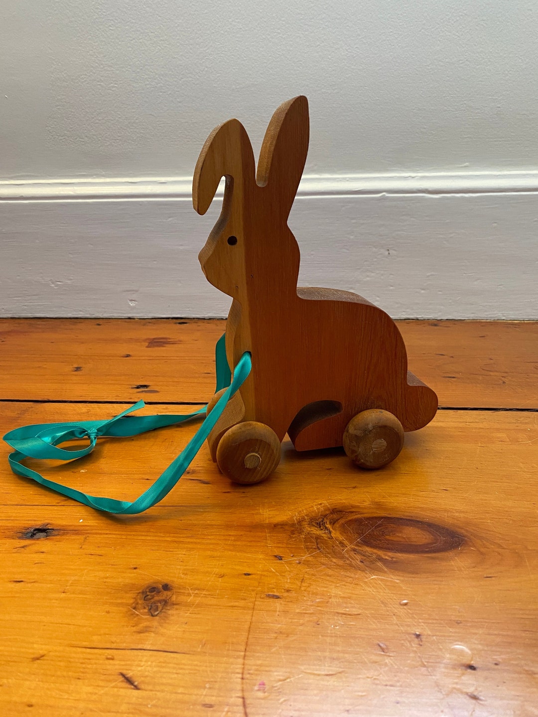 Vintage Handmade Wooden Bunny Pull Toy - Natural Wood Finish - Rolling ...