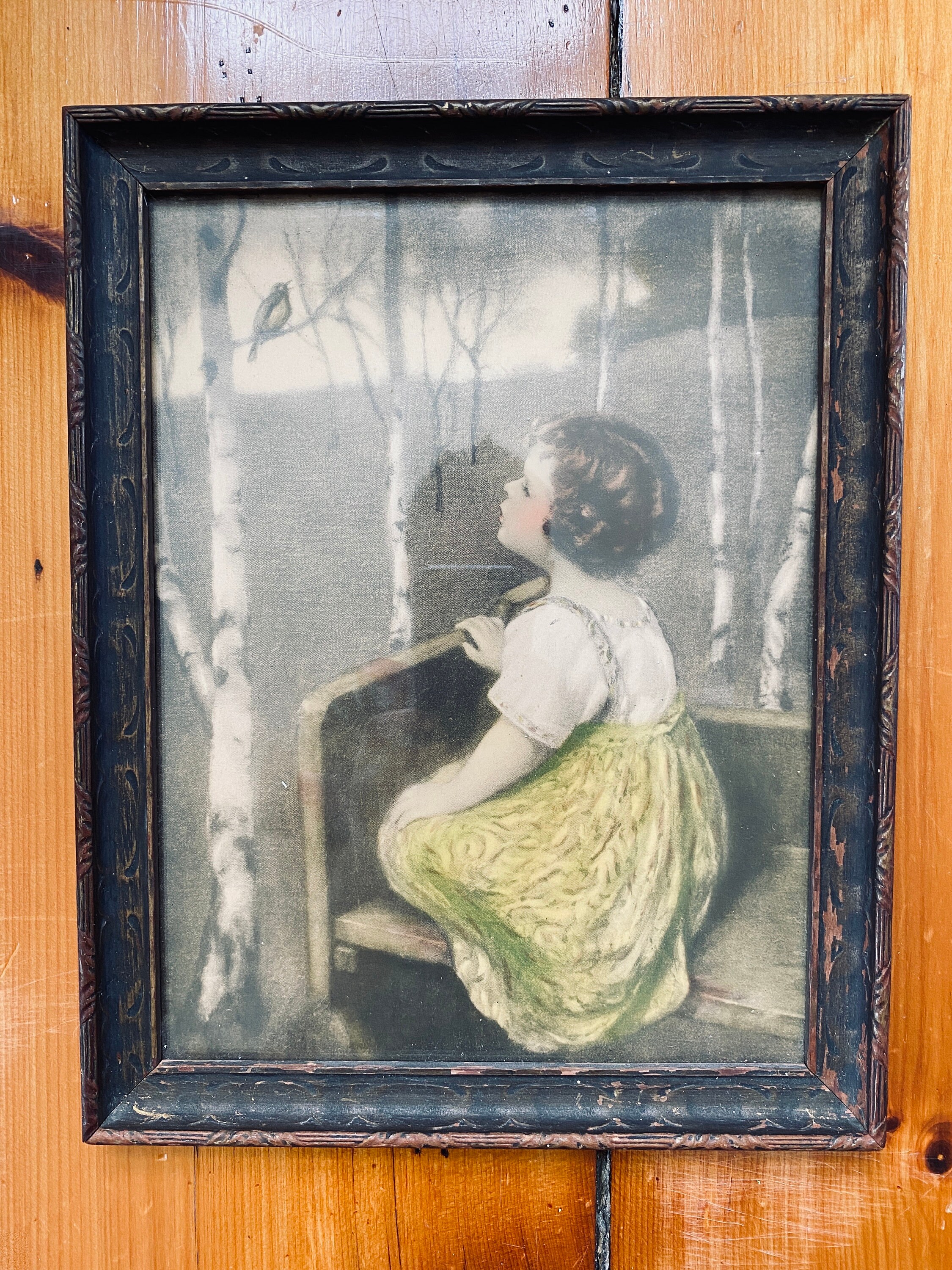 Antique John Drescher Co Hand Colored Lithograph "songbird" Framed ...