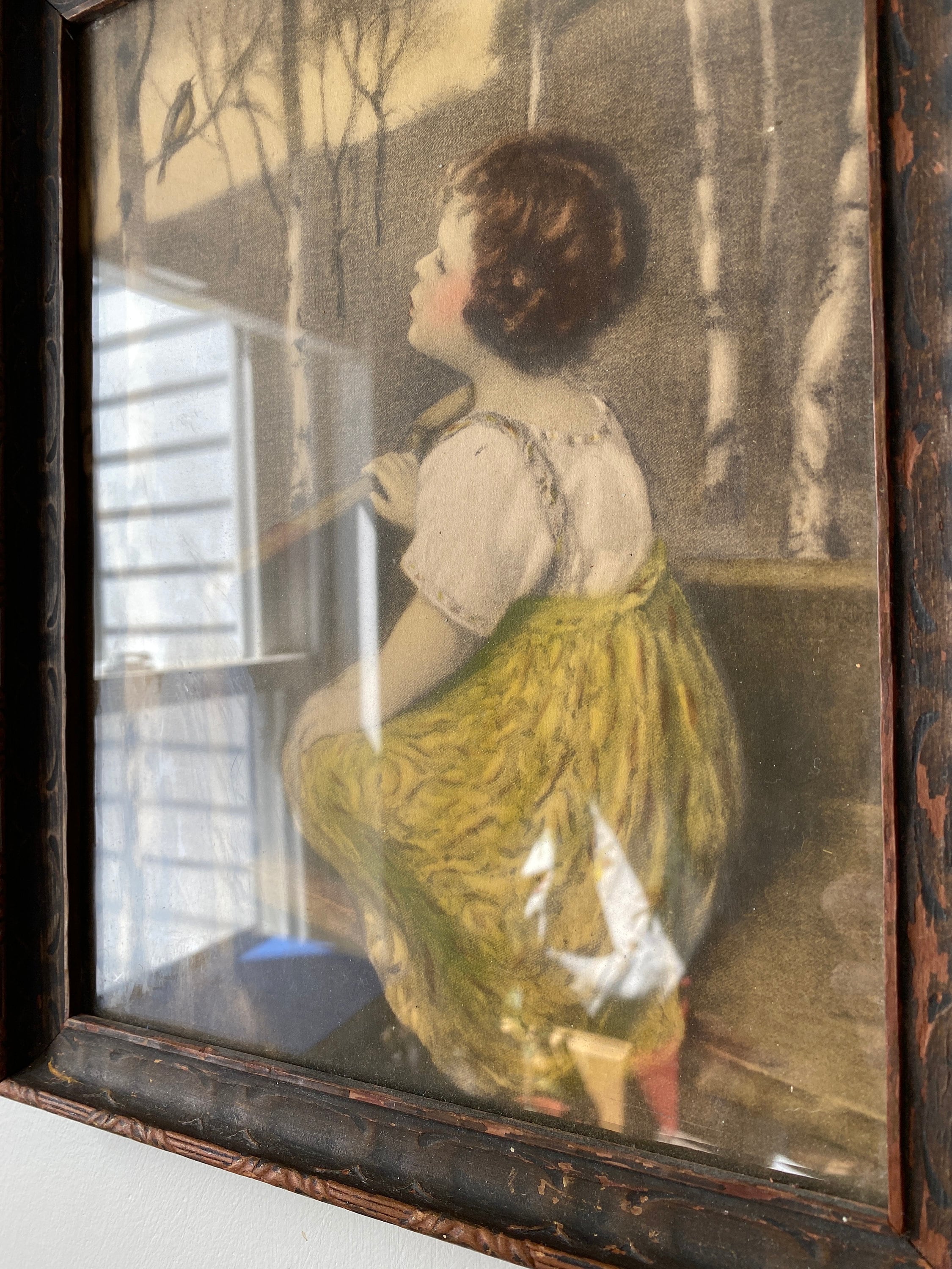 Antique John Drescher Co Hand Colored Lithograph "songbird" Framed ...