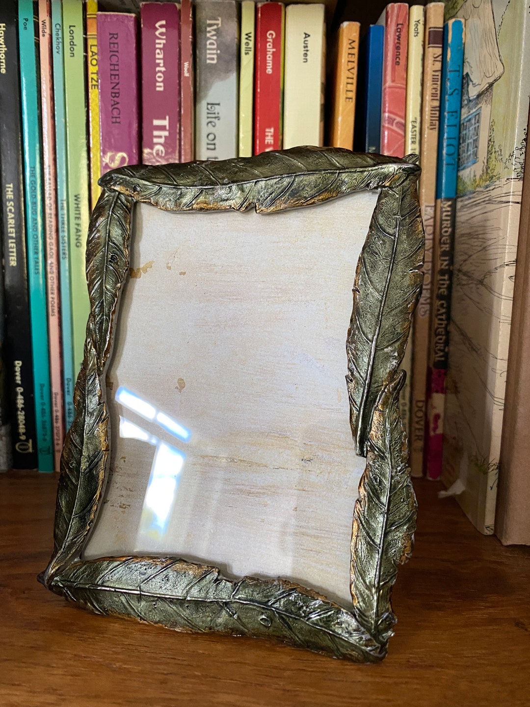 Vintage Rectangle Picture Frame Green and Gold Tone Feathers - 5 X 5 ...