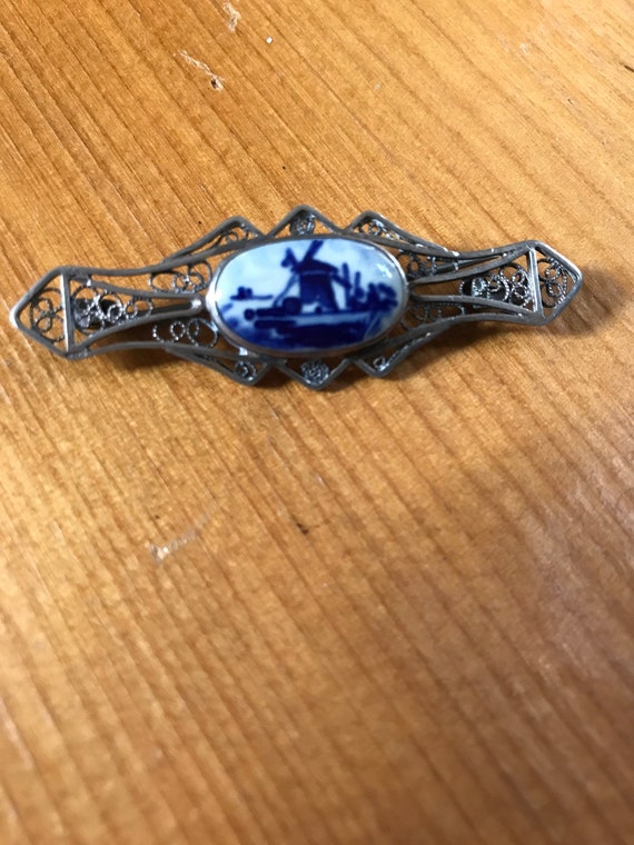Antique Delft Sterling Silver Filigree Brooch - Silve… - Gem