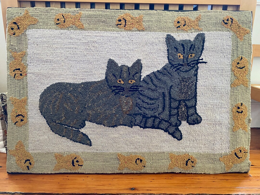 Antique Hand-hooked Wool Rug - Cats and Fish - Contemporary Frame - 36 ...