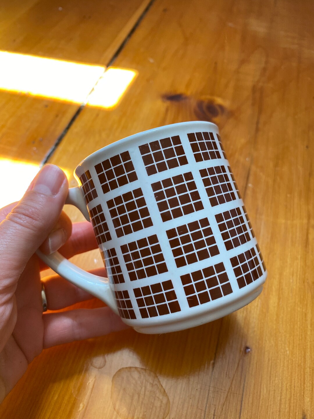 Vintage Ceramic Mug With Brown Checker Pattern - Vintage Office ...