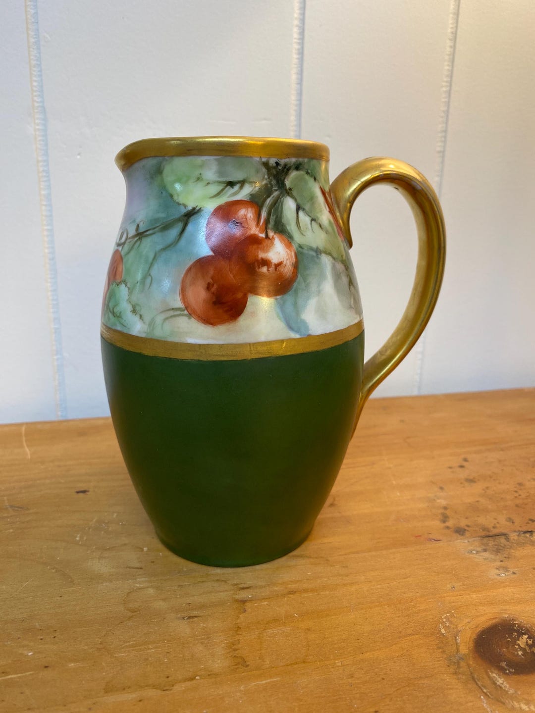 Antique Porcelain Pitcher With Hand Painted Apples and Golden Details ...