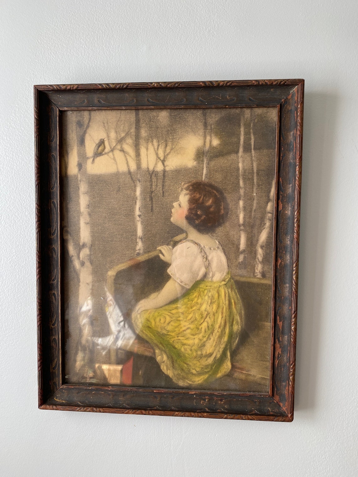 Antique John Drescher Co Hand Colored Lithograph "songbird" Framed ...