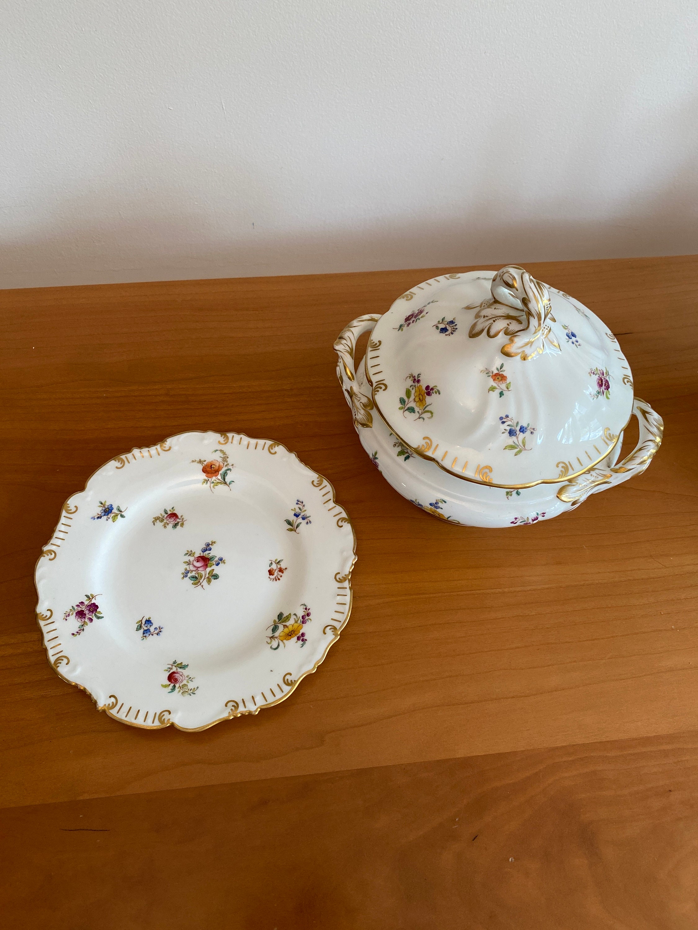 Antique Cauldon Ware Lidded Dish and Plate Hand Painted With Flowers ...