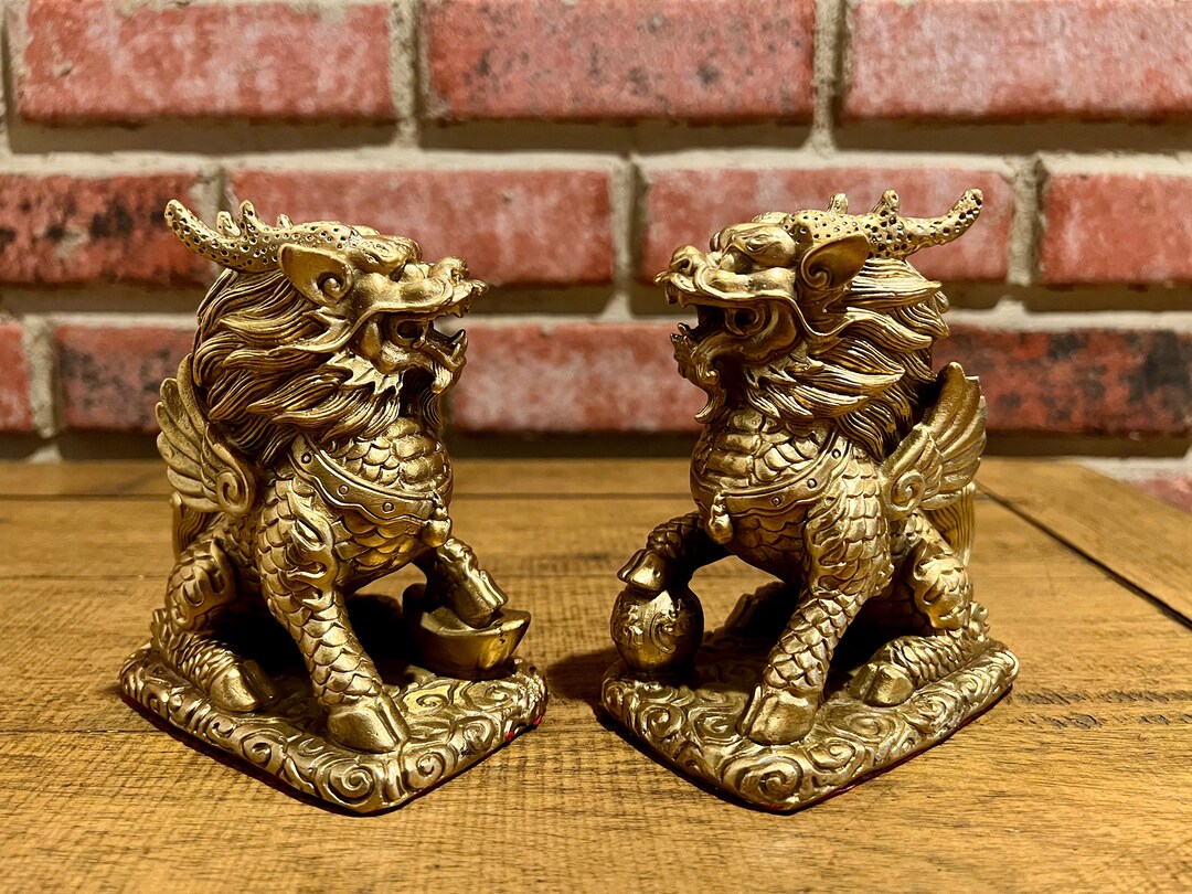 Golden Brass Chi Lin Kylin Statue Set for Feng Shui Home Decor, Qilin ...