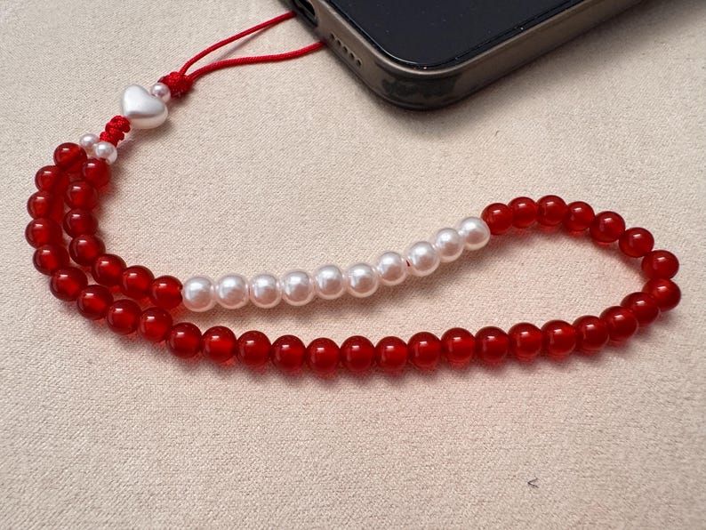 Handmade Red Beads Phone Charm Pearl Beaded Phone Strap Y2K Romantic ...