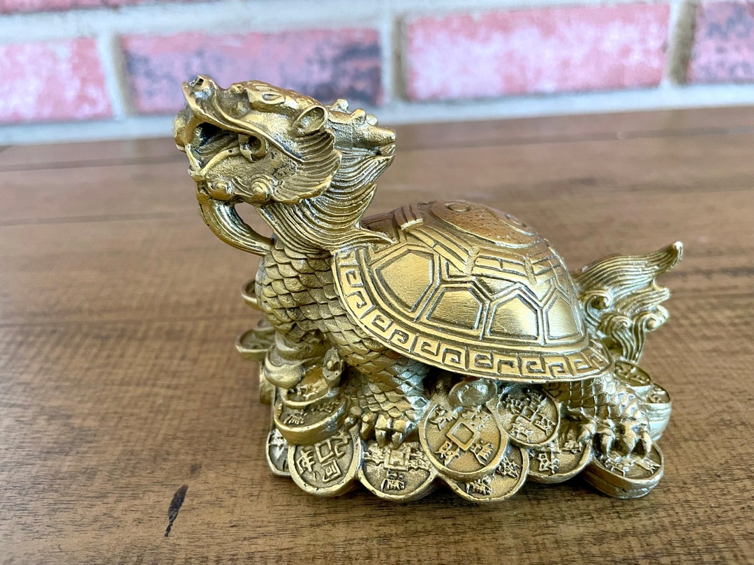 Golden Brass Feng Shui Dragon Turtle Chinese Statue Wealth Lucky ...