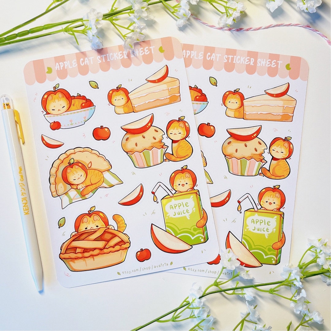 Apple Cat Sticker Sheet Cute Cat Sticker Sheet, Cat Stickers Cute ...