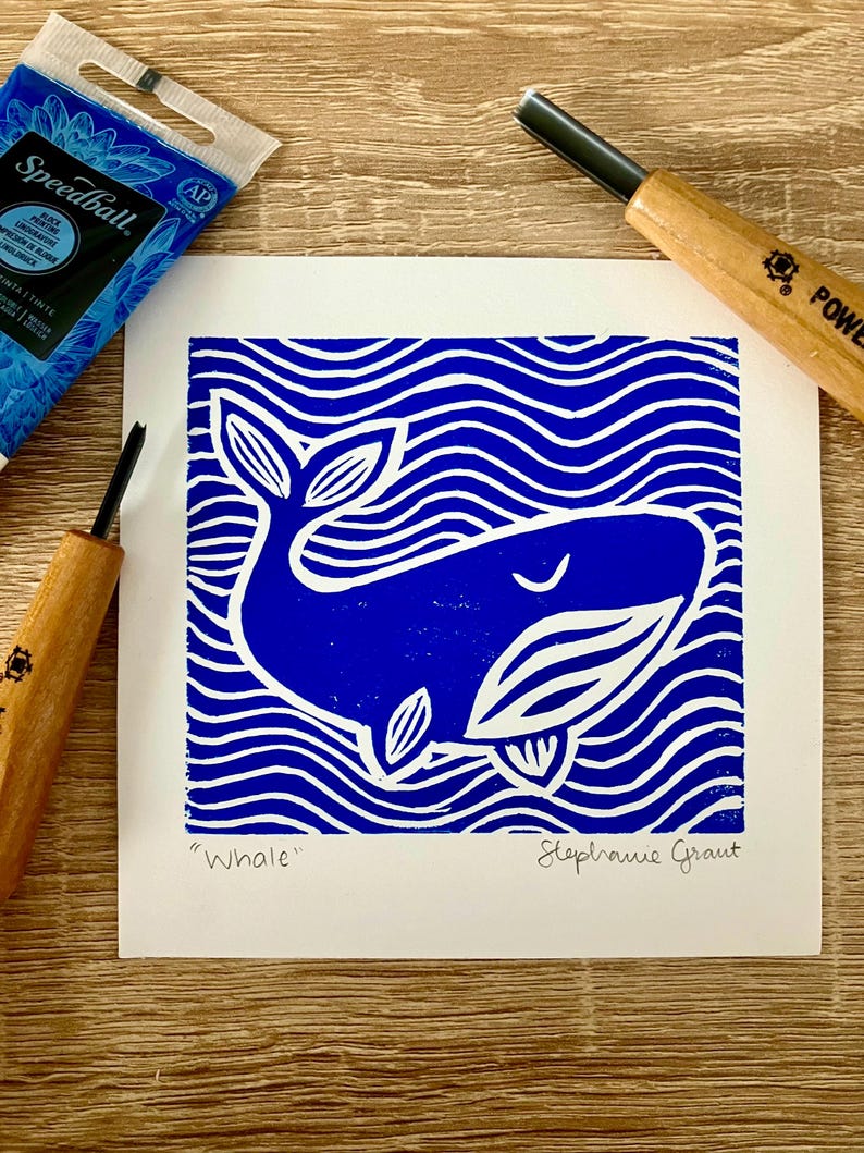 Minimalist Whale Original Hand Cut Lino Print in Blue - Etsy