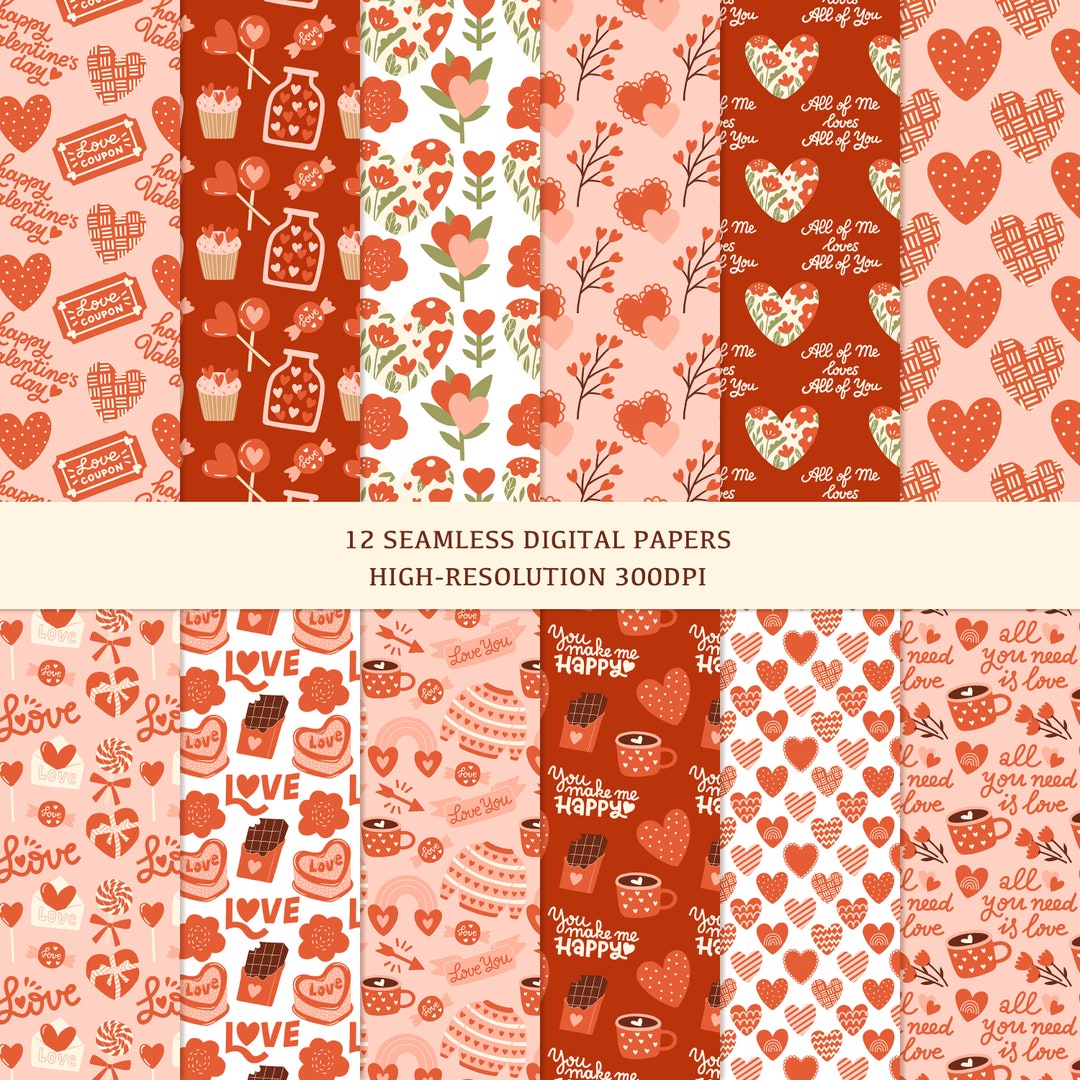 12 Valentine's Day Seamless Digital Papers Scrapbook Paper Heart ...