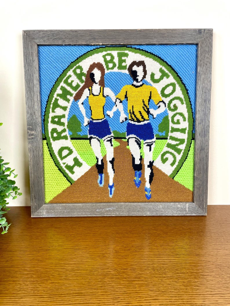 Vintage Needlepoint 1970s 80s Retro Joggers Running Track & Field ...