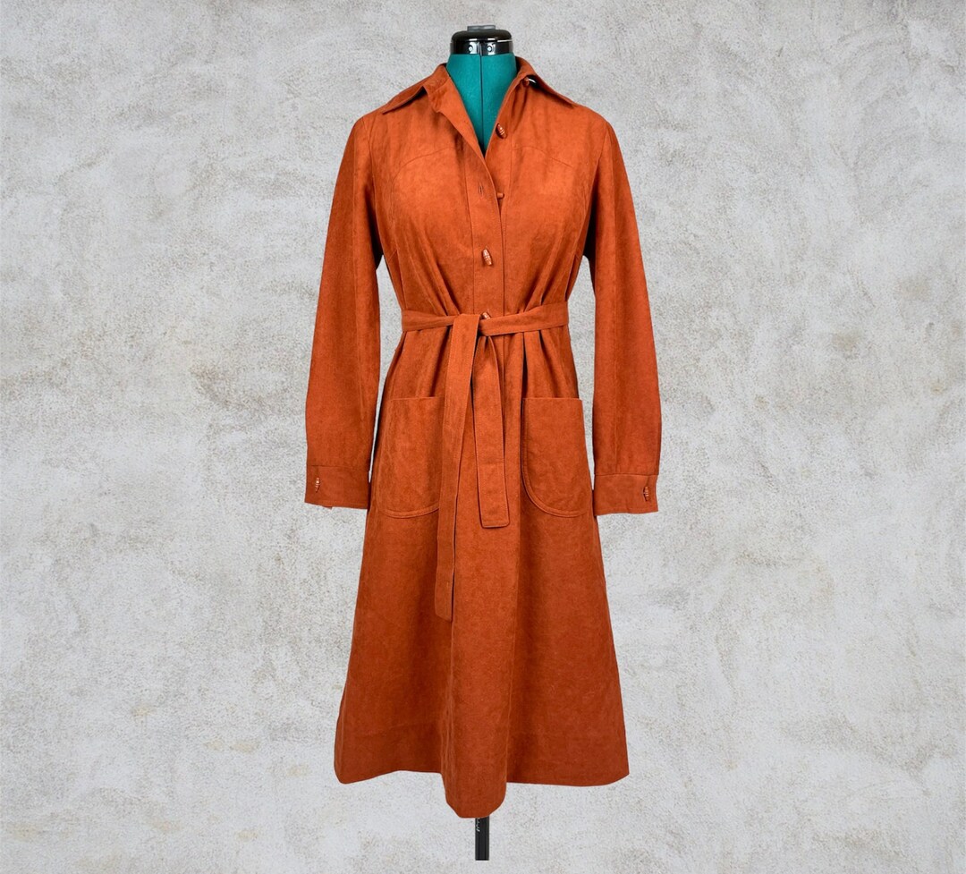 1970s Rust Burnt Orange Long Sleeve Collared Dress With Sash Belt | Red ...