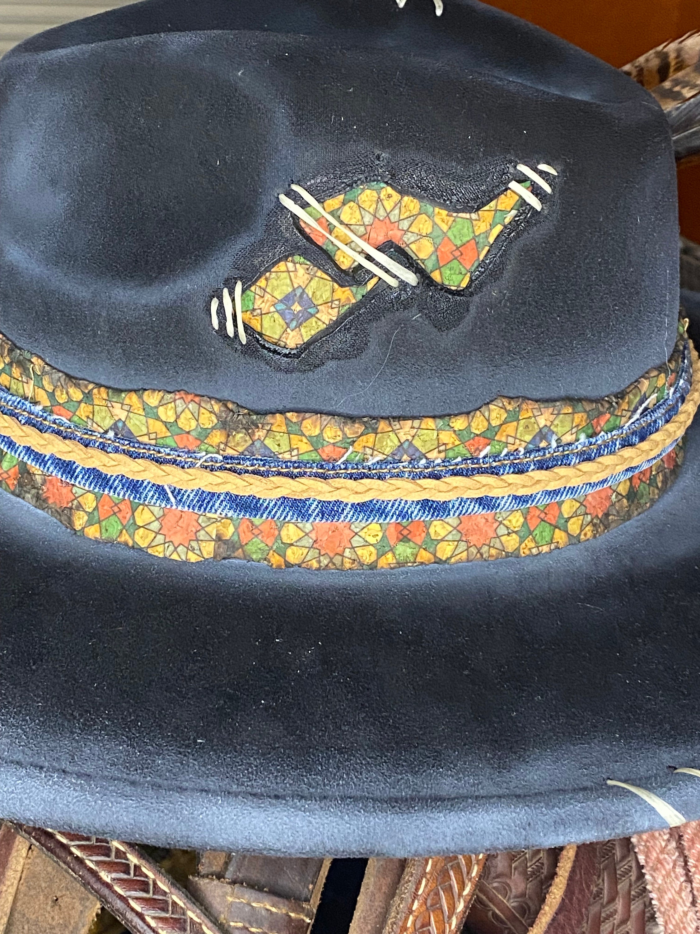 Hobo Chic Black Distressed Hat With Denim and Corks Patches and Sinew ...