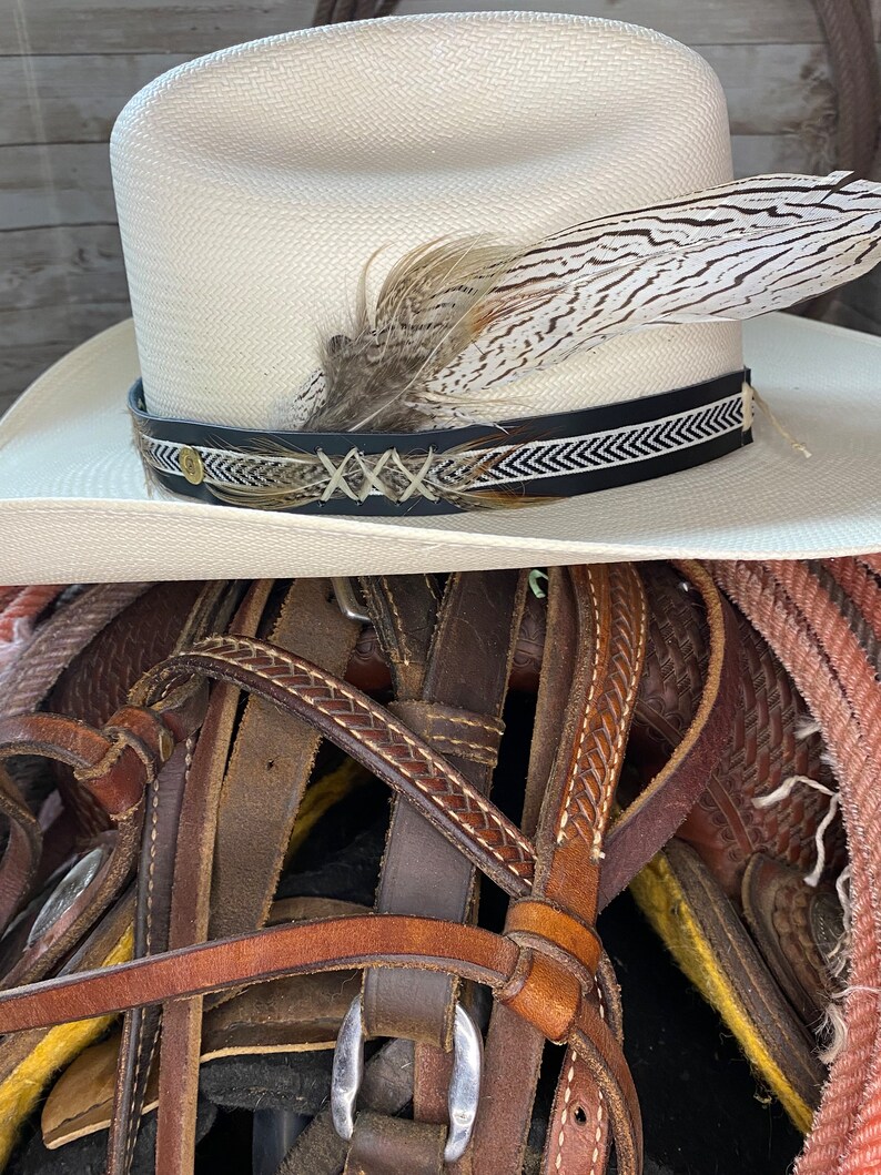 Black Leather, Herringbone, Pheasant Feather, Sinew Hat Band - Etsy