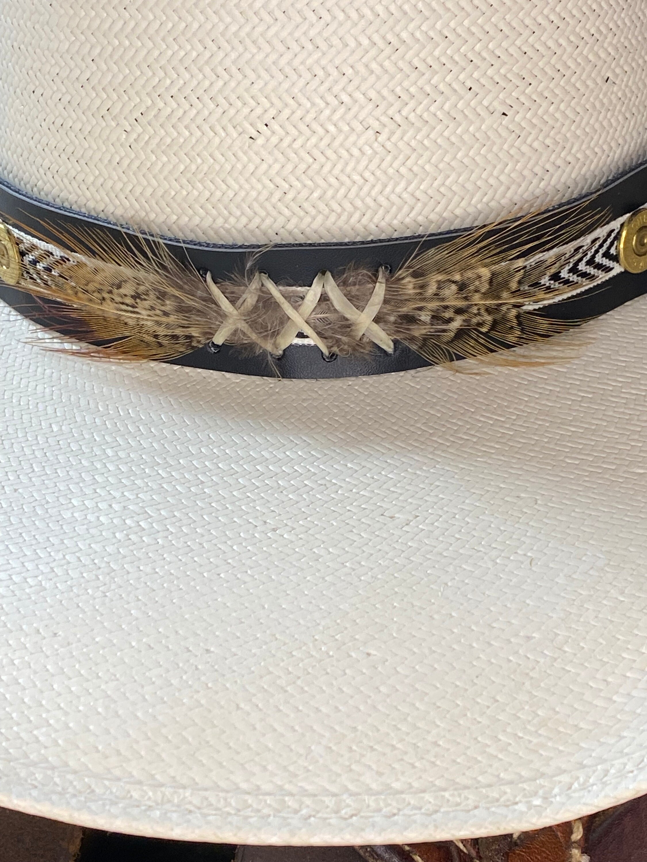 Black Leather, Herringbone, Pheasant Feather, Sinew Hat Band - Etsy