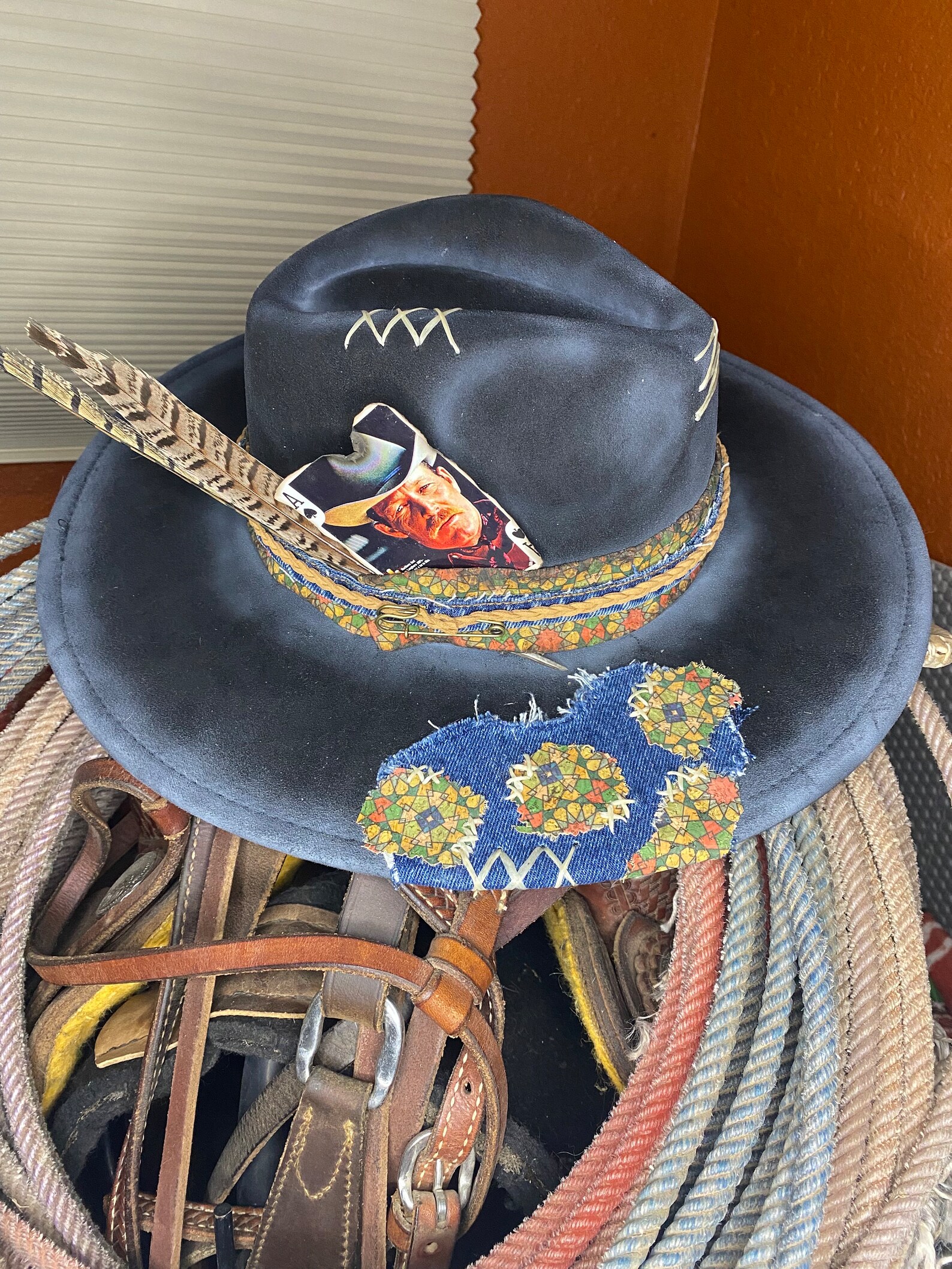 Hobo Chic Black Distressed Hat With Denim and Corks Patches and Sinew ...