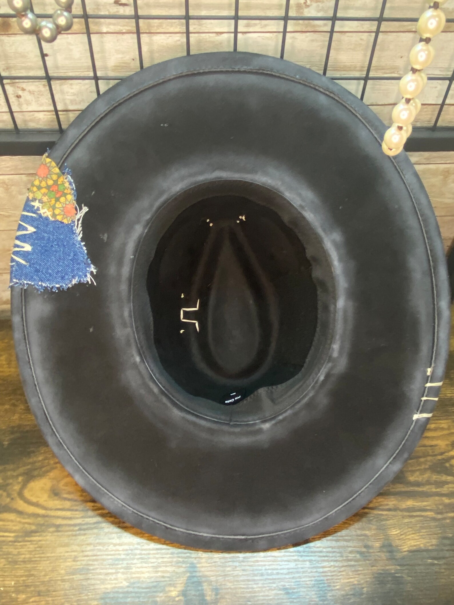 Hobo Chic Black Distressed Hat With Denim and Corks Patches and Sinew ...