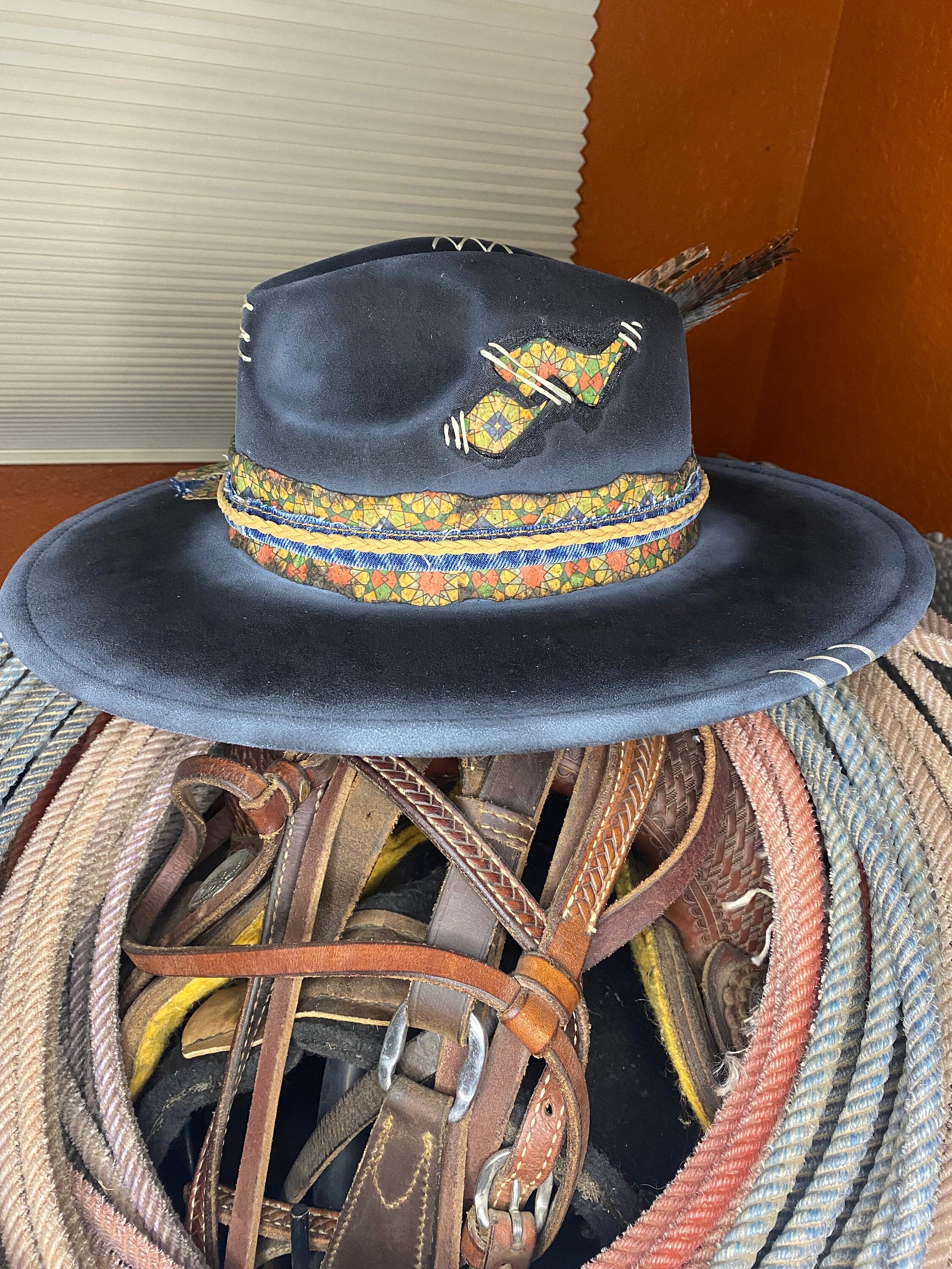 Hobo Chic Black Distressed Hat With Denim and Corks Patches and Sinew ...